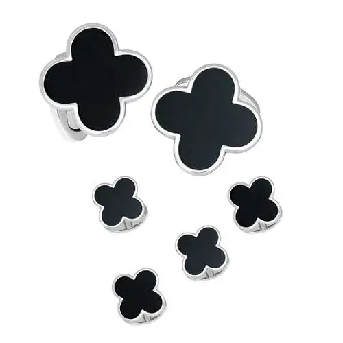 JAN LESLIE Four-leaf Clover Cufflinks & Studs - Black