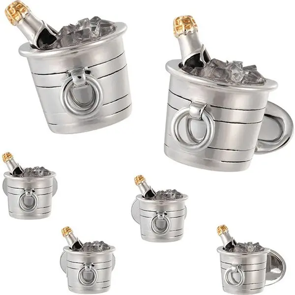 JAN LESLIE Champagne Bottle On Ice Sterling Cufflinks & Studs - Silver