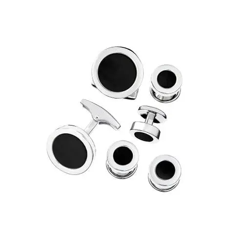 JAN LESLIE Round Gemstone Inlay Sterling Cufflinks & Studs - Black