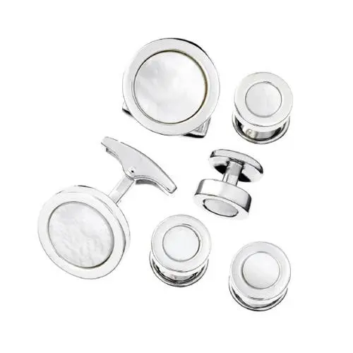 JAN LESLIE Round Gemstone Inlay Sterling Cufflinks & Studs - White