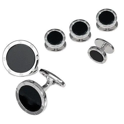 JAN LESLIE Rivet Etch Sterling Cufflinks & Studs - Black