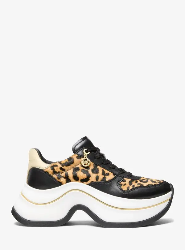 Michael Kors Arla Leopard Print Calf Hair And Leather Trainer - Yellow