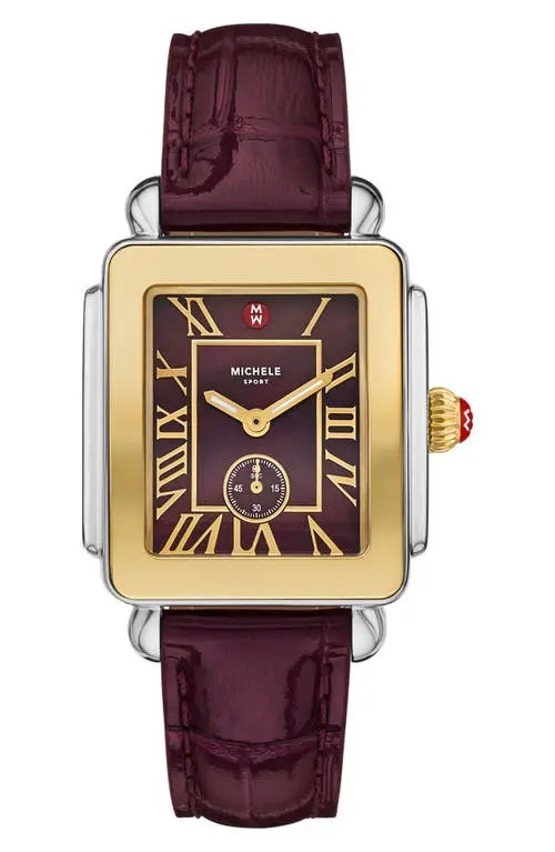 Michele Deco Sport Mid Leather Strap Watch - Two Tone/dark Cherry