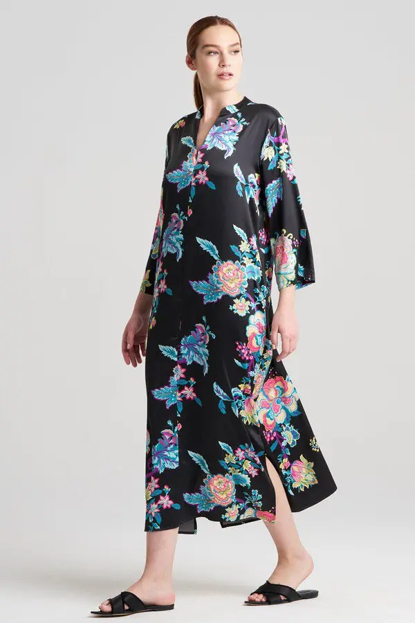 Natori Festival Satin Zip Caftan - Black