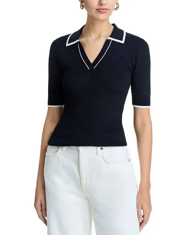 T Tahari Elbow Sleeve Polo Top - Black