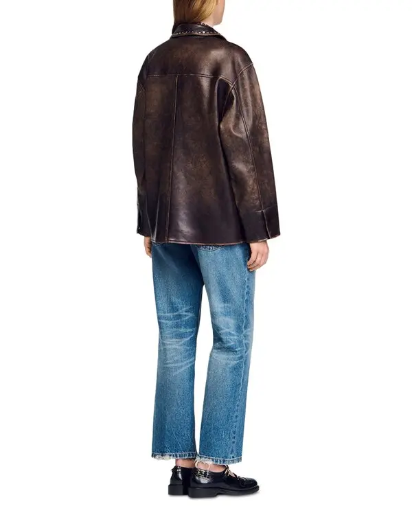 Sandro Oversized Leather Jacket With Studs