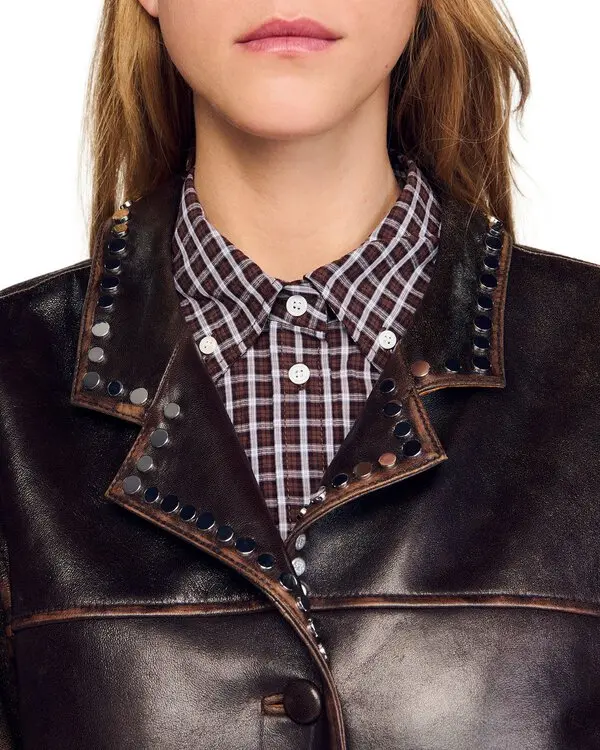 Sandro Oversized Leather Jacket With Studs