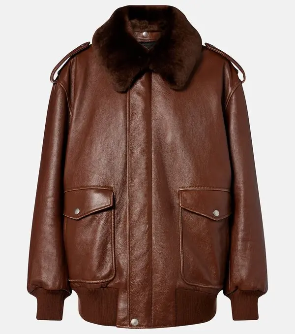 Prada Shearling-trimmed Leather Bomber Jacket - Brown
