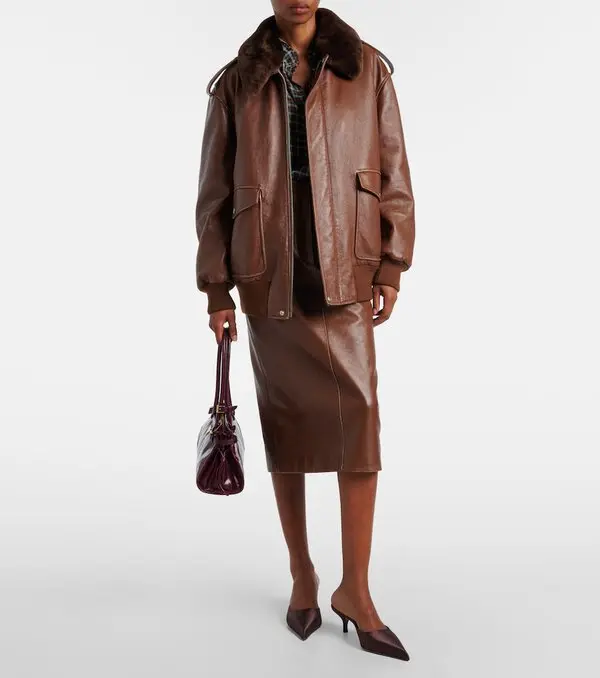 Prada Shearling-trimmed Leather Bomber Jacket - Brown