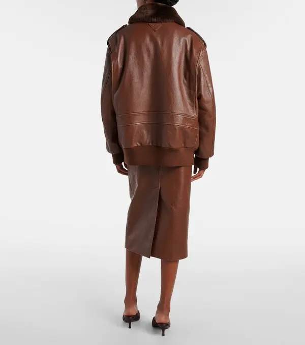 Prada Shearling-trimmed Leather Bomber Jacket - Brown