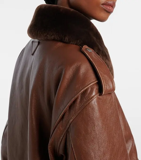Prada Shearling-trimmed Leather Bomber Jacket - Brown