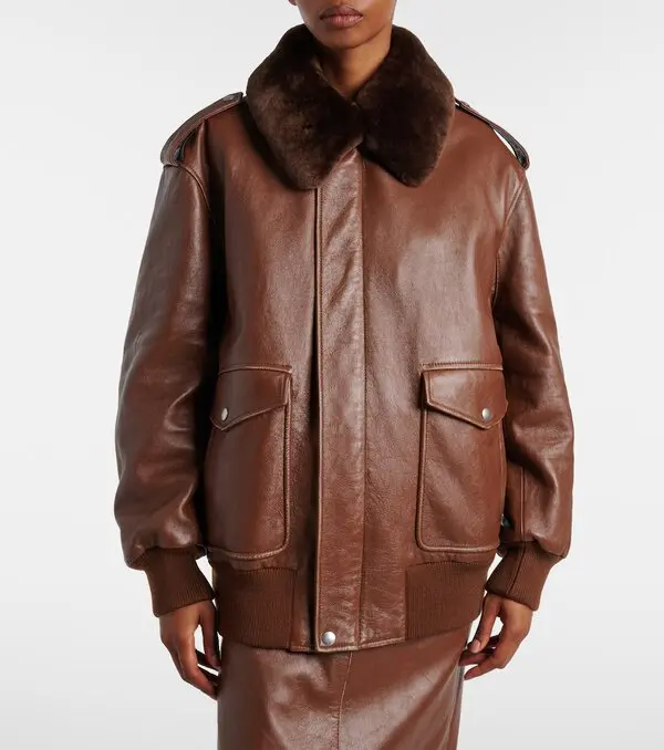 Prada Shearling-trimmed Leather Bomber Jacket - Brown