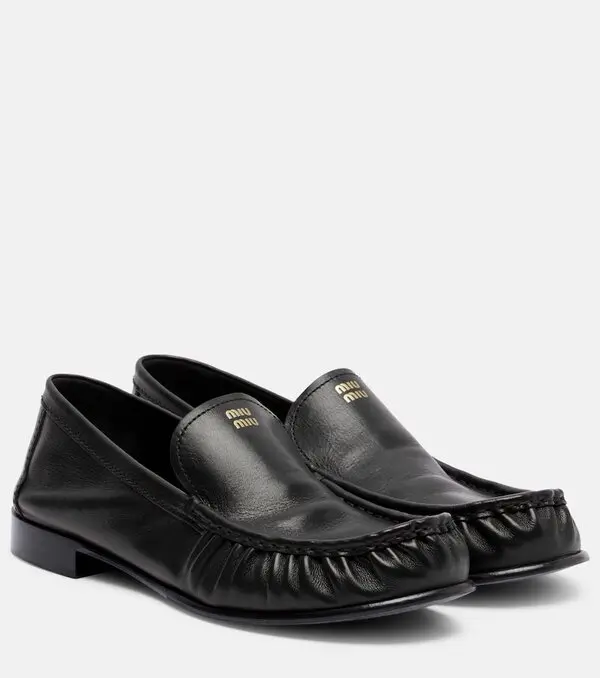 Miu Miu Logo Leather Loafers - Mahogany