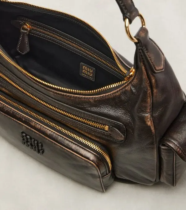 Miu Miu Distressed Leather Shoulder Bag - Brown