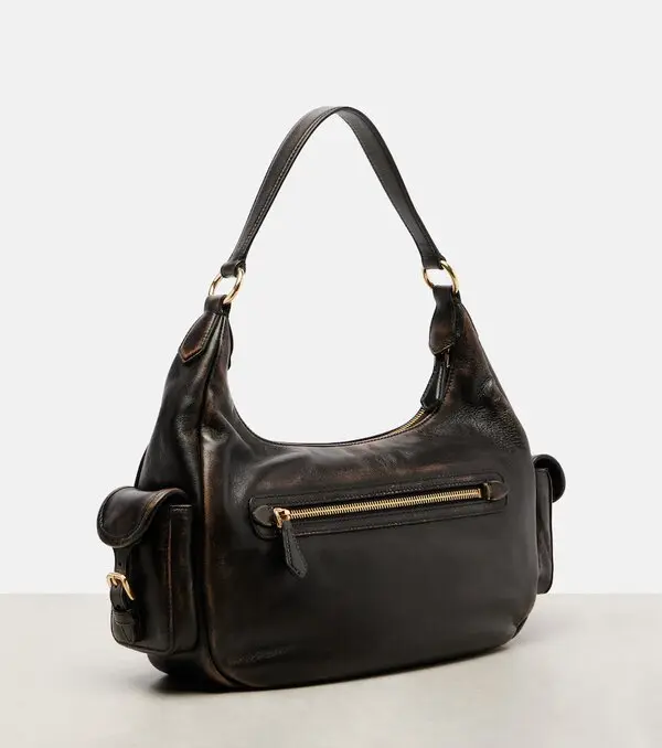 Miu Miu Distressed Leather Shoulder Bag - Brown