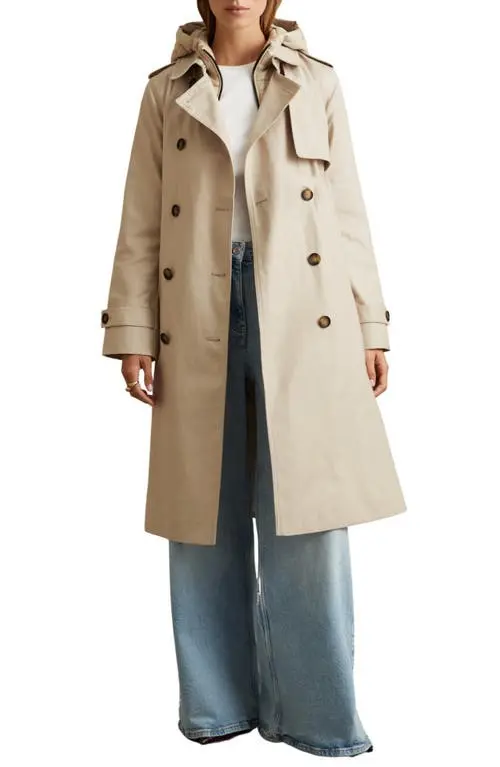 REISS Azura Trench Coat With Removable Quilted Hood - Stone