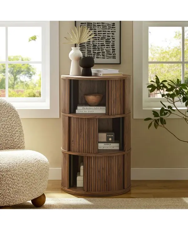 MODWAY Clement Round Pedestal Stand Storage Table With Sliding Tambour Doors