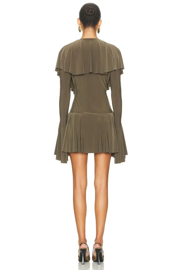 Norma Kamali Long Sleeve Deep V Ruffle Mini Dress - Bark