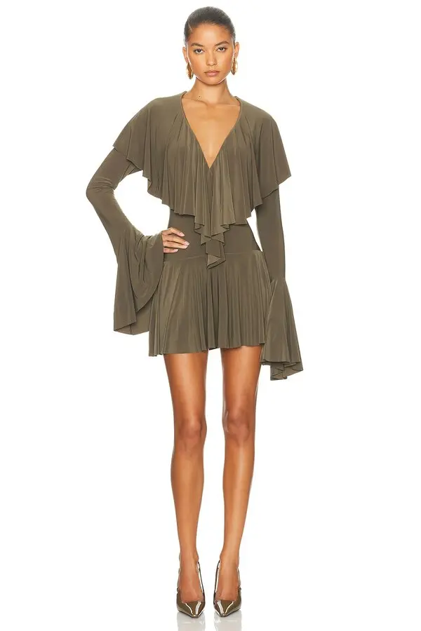 Norma Kamali Long Sleeve Deep V Ruffle Mini Dress - Bark