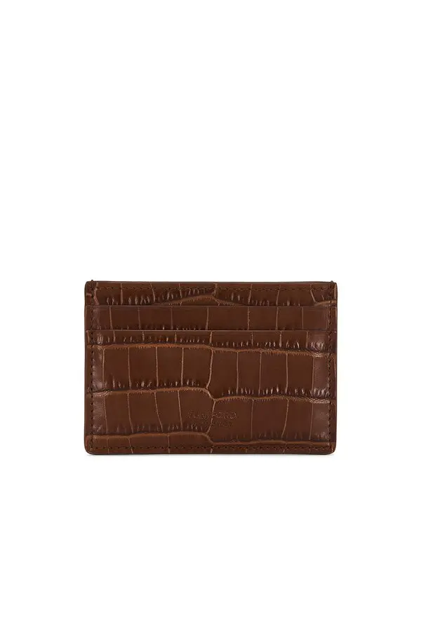 TOM FORD Shiny Printed Croc Exotic Line Classic Card Holder In Brown - Caramel