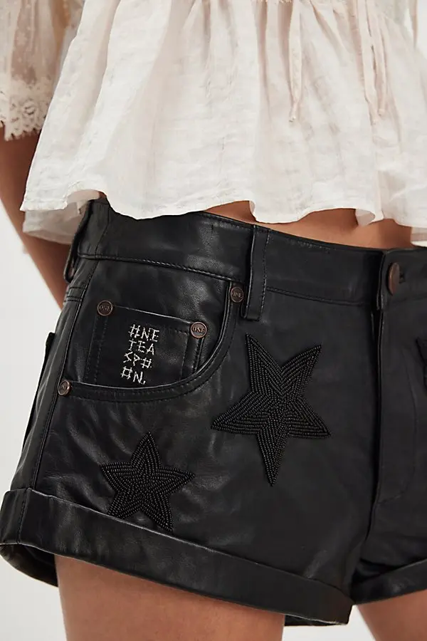 ONETEASPOON Bandits Embellished Leather Shorts - Black Star