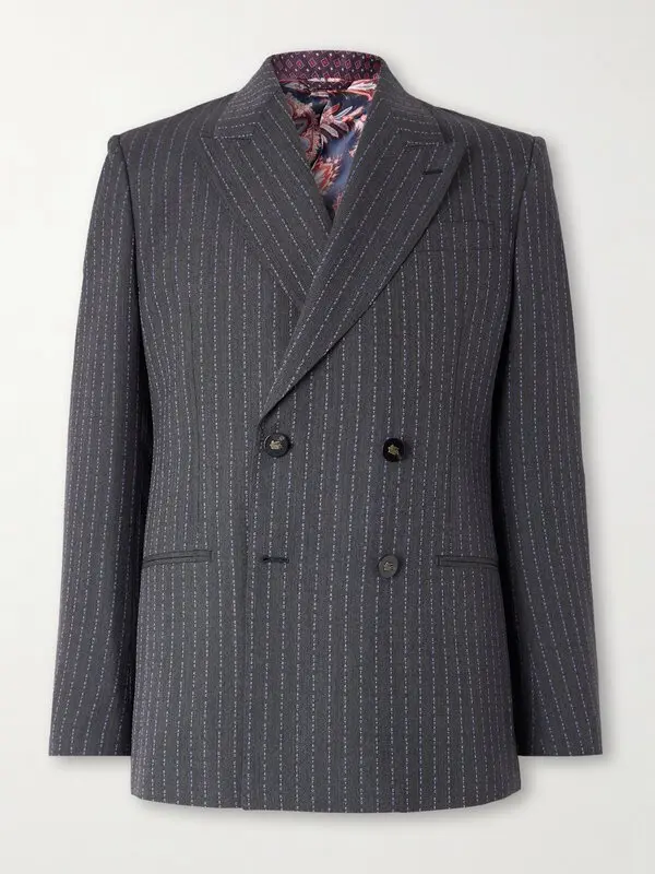 Etro Double-breasted Logo-embroidered Wool-blend Jacquard Suit Jacket - Gray