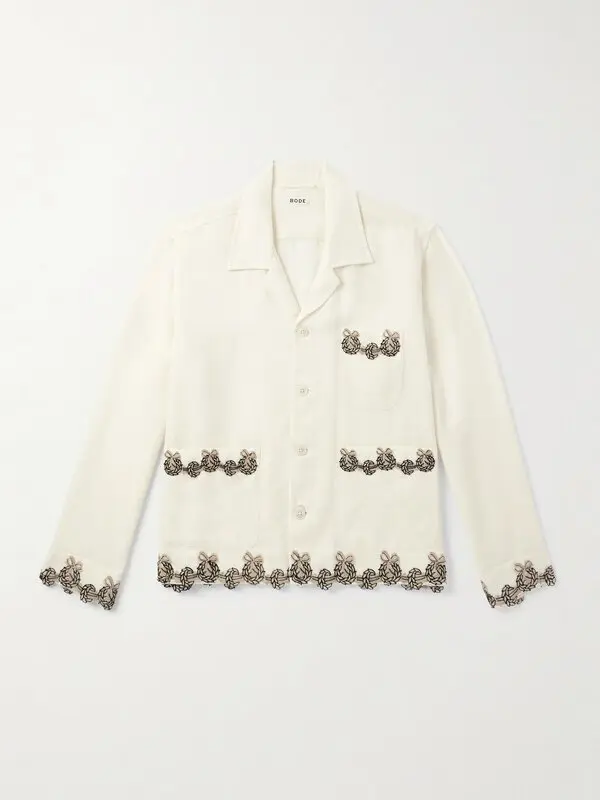 BODE Laurelist Camp-collar Logo-embroidered Appliquéd Wool-flannel Overshirt - Neutrals