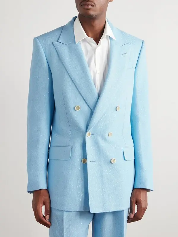 TOM FORD Double-breasted Sequinned Wool-blend Suit Jacket - Blue