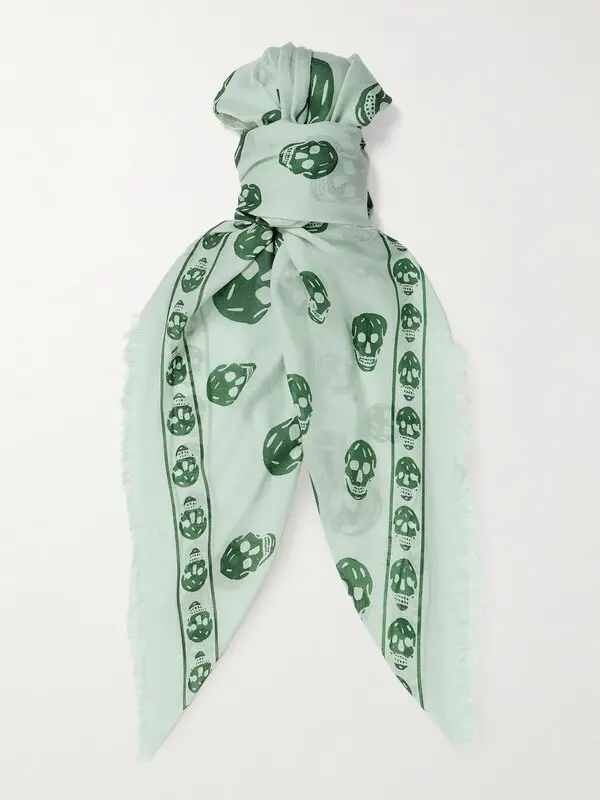 Alexander McQueen Fringed Printed Modal And Silk-blend Scarf - Green