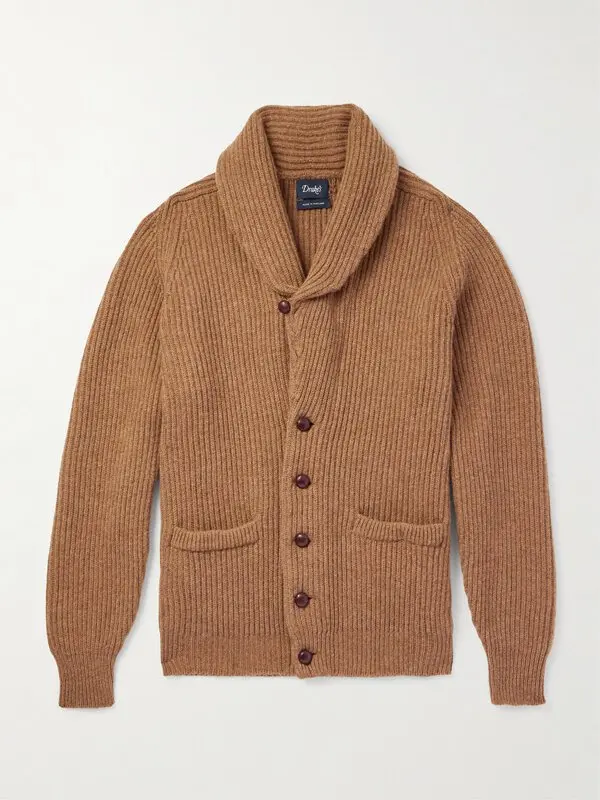 DRAKE'S Slim-fit Shawl-collar Ribbed Wool Cardigan - Brown