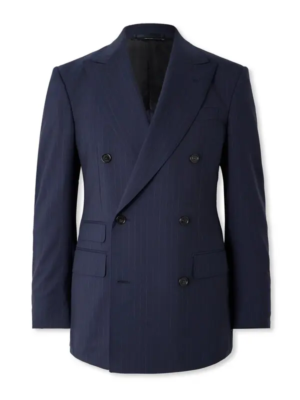 Dunhill Double-breasted Pinstriped Wool Suit Jacket - Blue