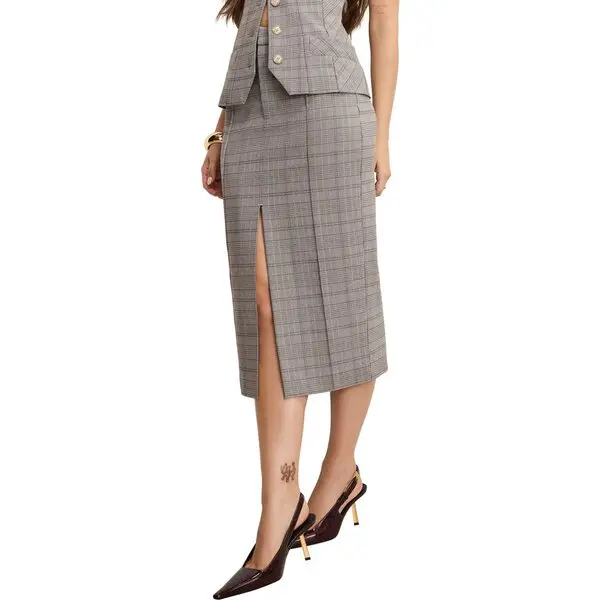 Good American Plaid Fitted Midi Skirt