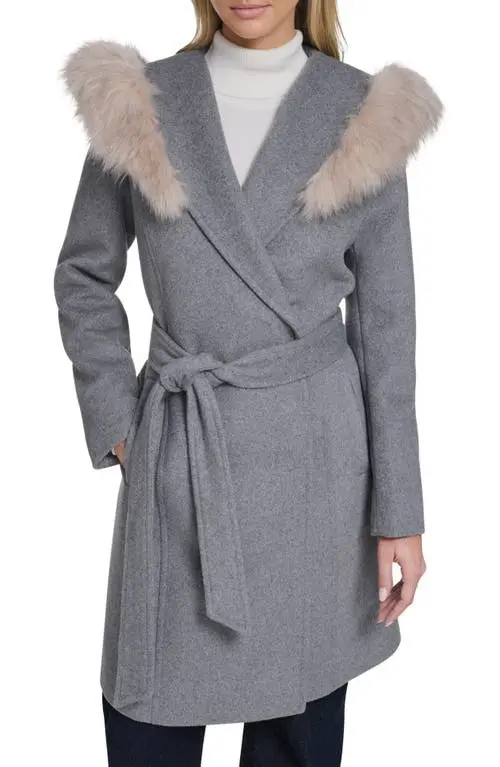 Cole Haan Wool Blend Coat With Faux Fur Trimmed Hood
