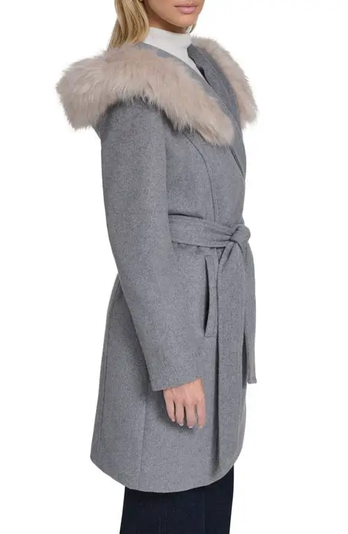 Cole Haan Wool Blend Coat With Faux Fur Trimmed Hood