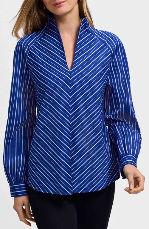 Foxcroft Daphne Stripe Stretch Cotton Blend Pullover Shirt - Blue/white