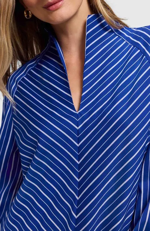 Foxcroft Daphne Stripe Stretch Cotton Blend Pullover Shirt - Blue/white