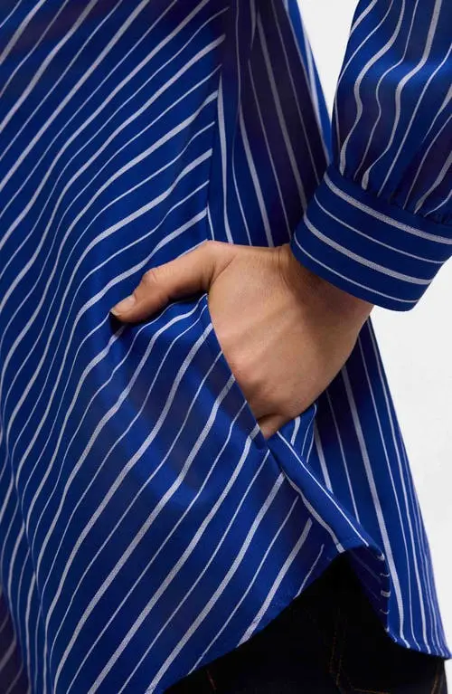 Foxcroft Daphne Stripe Stretch Cotton Blend Pullover Shirt - Blue/white