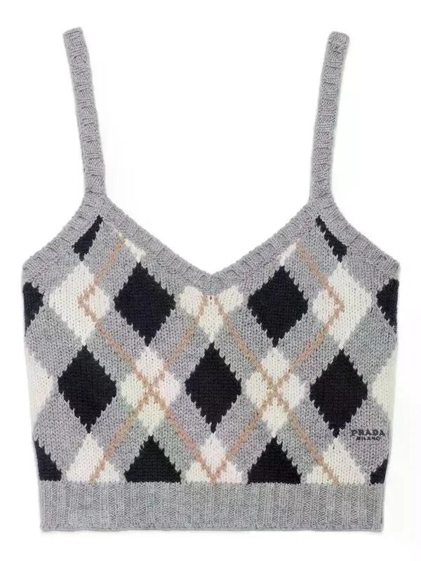 Prada Argyle-pattern Ribbed Knit Top - Grey