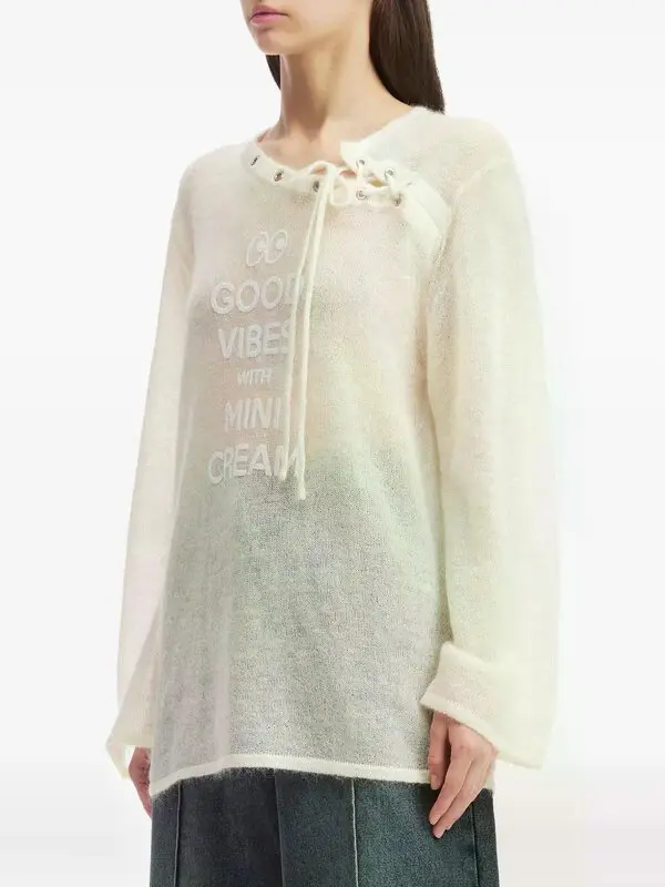 MINI CREAM Long-sleeve Sweater With Lace-up Neckline