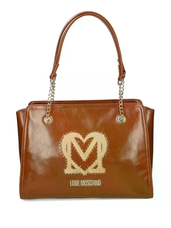 Moschino Logo-plaque Studded Shoulder Bag - Brown
