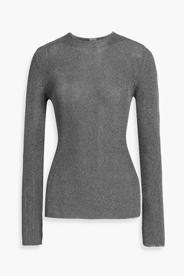 TOTEME Metallic Ribbed Cotton-blend Sweater - Gunmetal