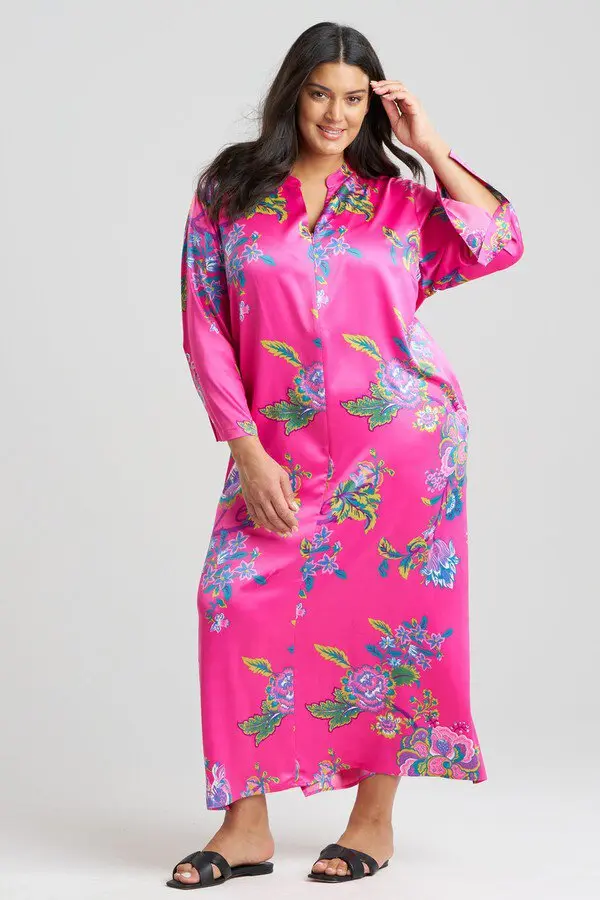 Natori Festival Satin Zip Caftan - Pink