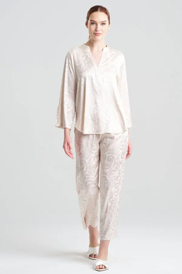 Natori Scroll Satin Jacquard Long Sleeve Pj - White