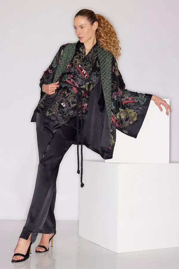 Natori Couture Nara Embroidered Silk Kimono - Black / Floral / Multicolor
