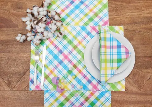 C&F HOME Easter Spring Blossom Pastels Plaid Printed Cloth Napkins Set Of 6