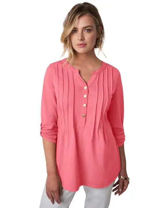 JESSICA LONDON Stretch Pleated Mandarin Collar Tunic With Gold Buttons - Tea Rose