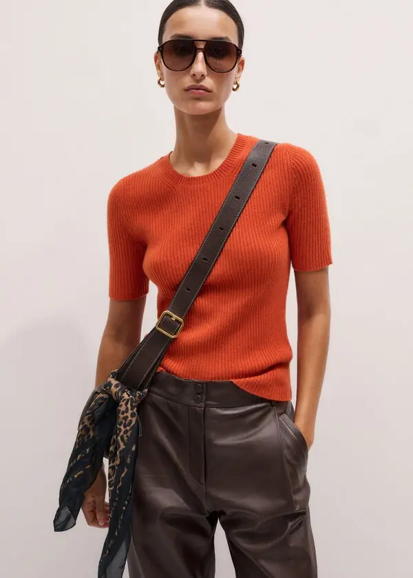 ME+EM Cashmere Ribbed Knit Tee - Paprika Orange