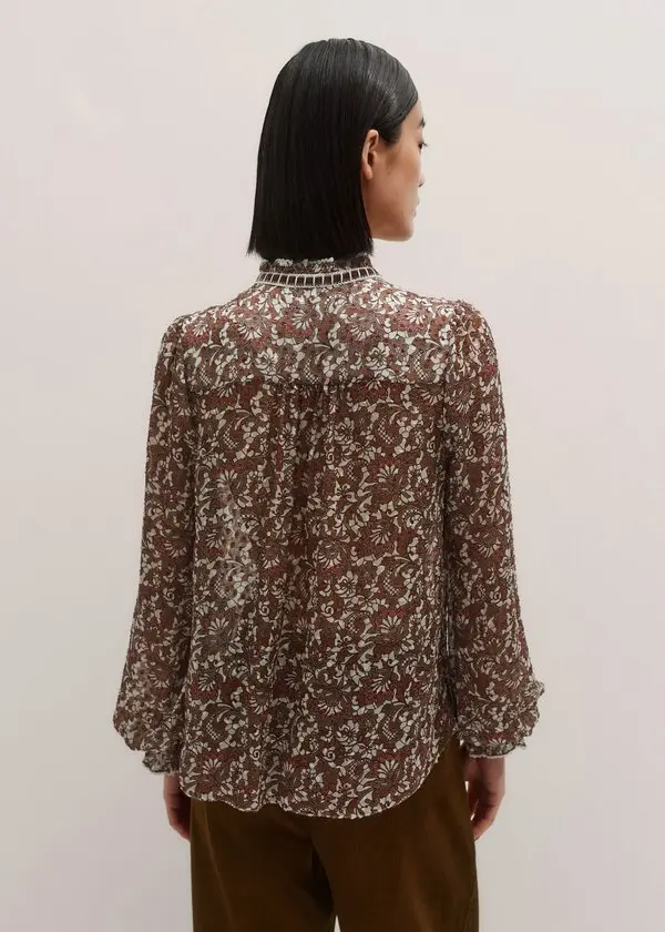 ME+EM Silk Blend Graphic Lace Print Tie Blouse