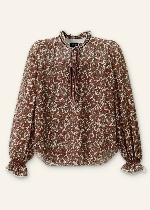 ME+EM Silk Blend Graphic Lace Print Tie Blouse
