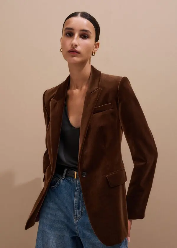 ME+EM Velvet Sharp Shoulder Blazer - Chestnut